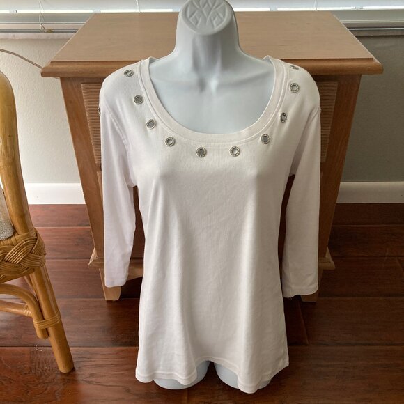 Tia Designs | Tops | Tia Designs White 34 Sleeve Rhinestone Embellished ...